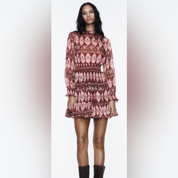 Zara | Dresses | Nwt Zara Metallic Thread Paisley Burgundy Motifs Sheer ...